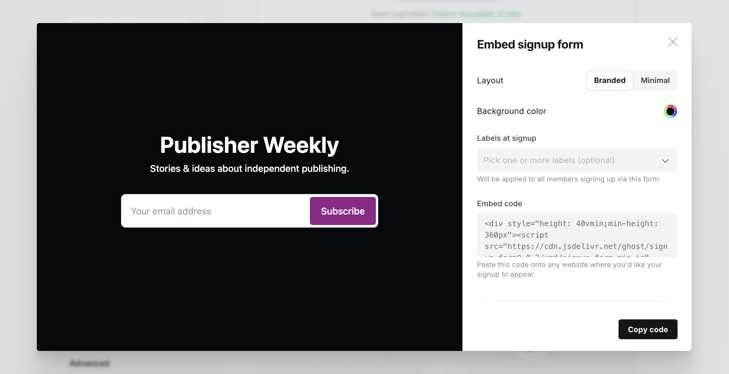 Embeddable signup forms